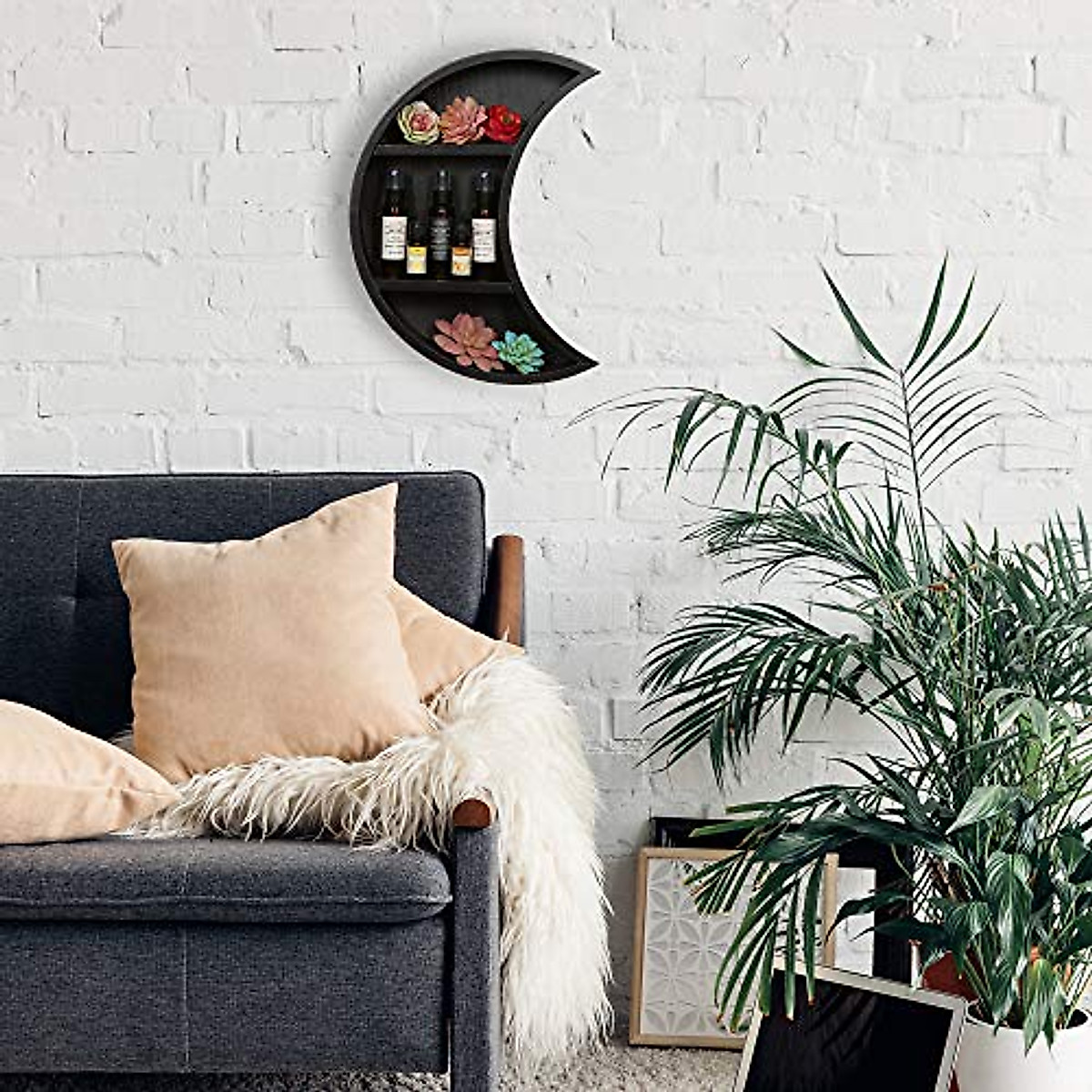 RUSTIX Rustic Black Crescent Moon Shelf - Wall Mounted Hanging Floating Shelves for Essential Oil Display or Crystal Holder - Moon Phase Hippie Celestial Boho Nursery Decor - Gothic Witchy Room Decor