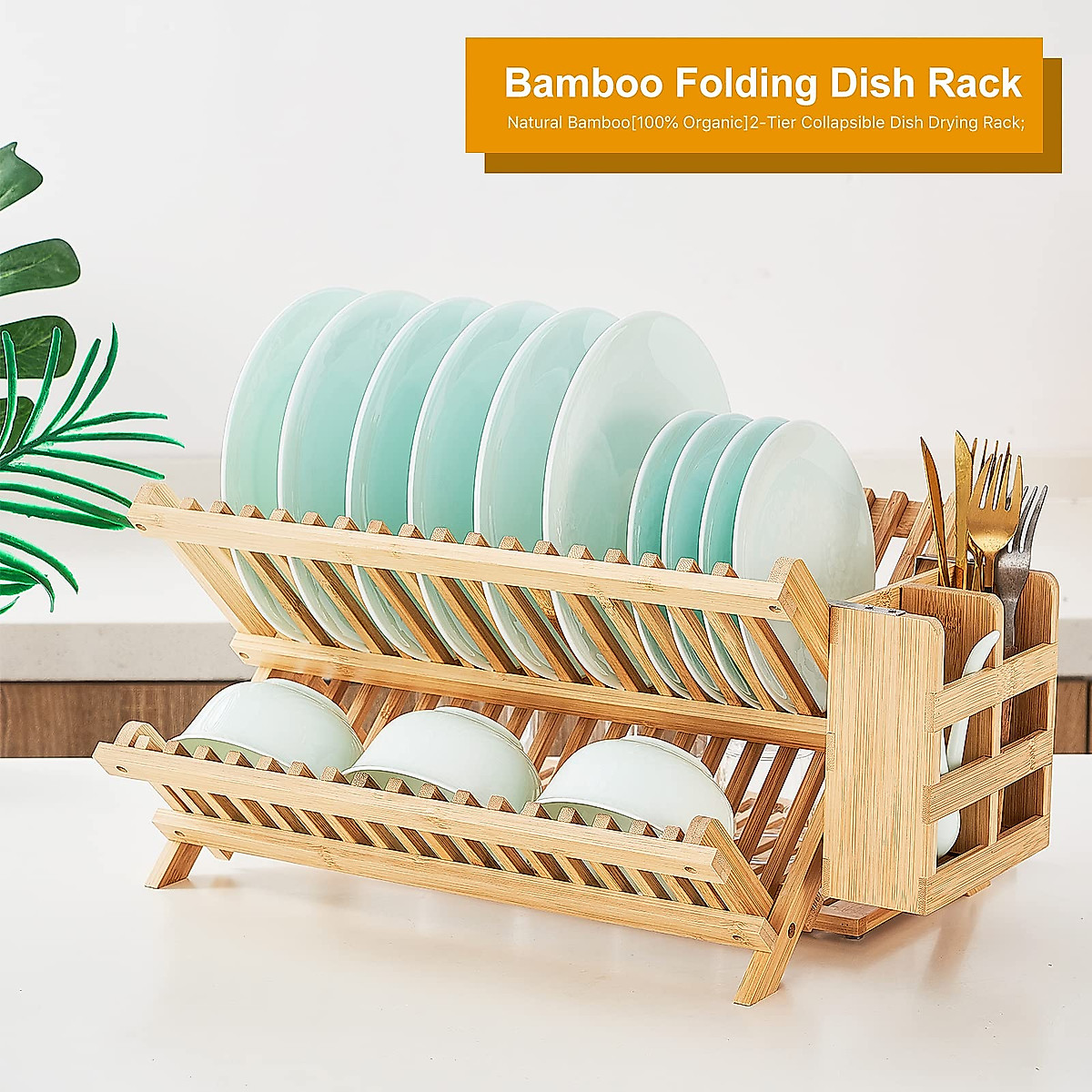 Worthyeah Bamboo Dish Drying Rack, 3 Tier Collapsible Dish Rack with Utensil Holder, Wooden Dish Drying Rack for Kitchen Counter, Large Folding Drying Holder, Dish Drainer