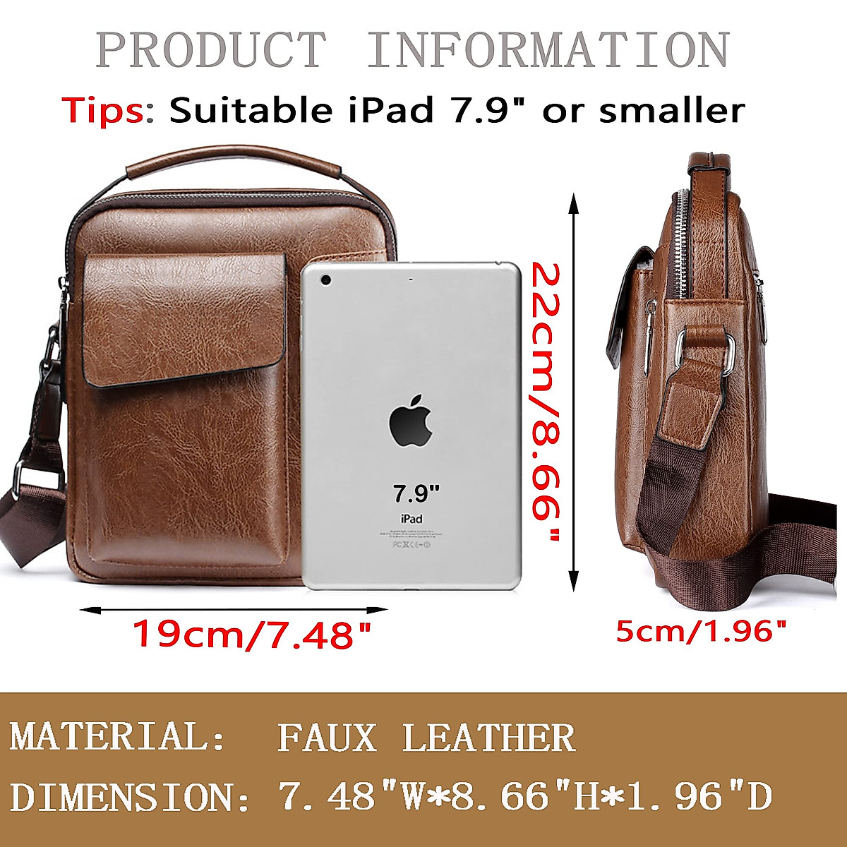 MNODWLOF Small Crossbody Bags for Mens Leather Shoulder Bag Messenger Man Purse Handbags Travel for iPad 7.9" Work Business Brown