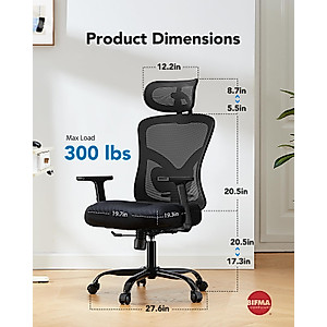 HUANUO Ergonomic Office Chair, High Back Desk Chair with S-Shaped Backrest, Adjustable Lumbar Support, Headrest, Armrest, Mesh Computer Chair with Thicker Seat Cushion and Tilt Function, Black
