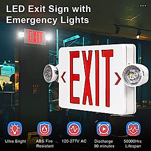 LED Exit Sign with Emergency Light, Red Exit Sign Light with 90 Minute Battery Backup, Red Letter Emergency Exit Sign Light with Two Adjustable Heads, AC 120-277V, UL Listed (1-Pack)