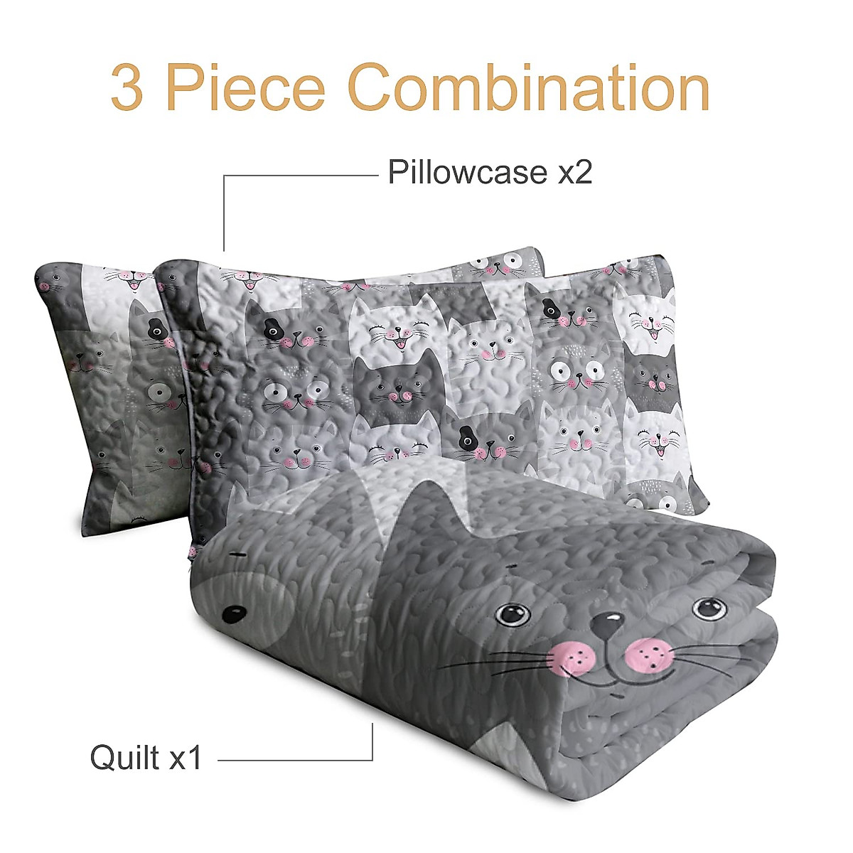 BlessLiving Cat Quilt Set Gray Queen(90"x90"), 3 Pieces(1 Cartoon Cat Pattern Quilt and 2 Pillowcases), 3D Kawaii Cats Bedspread Microfiber Coverlet Sets All-Season for Teens Boys Adults Women