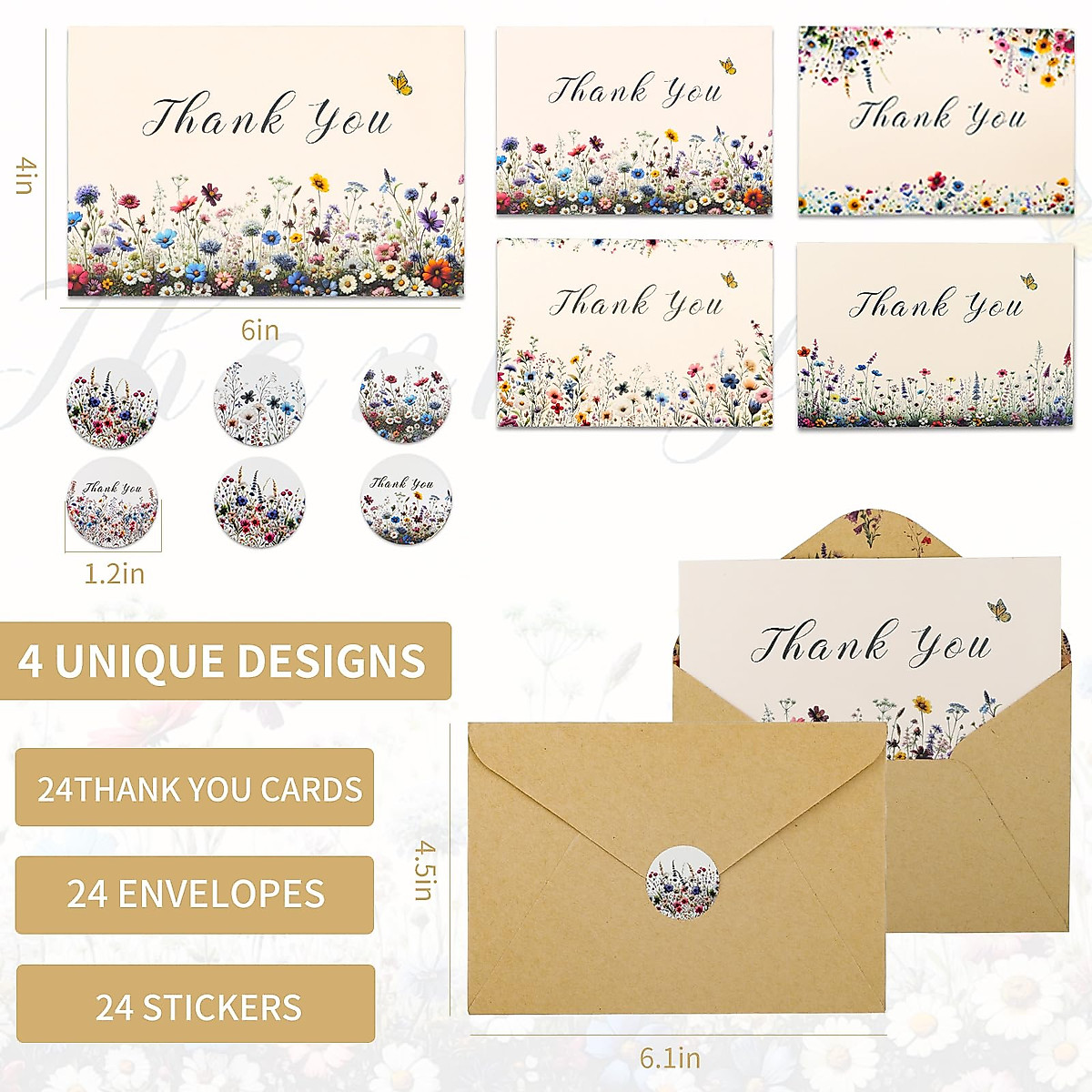 Vnaaem 24 Pack Wildflower Thank You Card with Kraft Envelope Sticker Vintage Floral Thank You Notes for Birthday Wedding Baby Shower Business Bridal Shower Spring Midsummer,4 x 6Inch