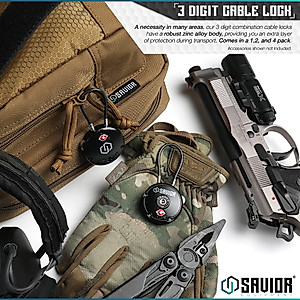 Savior Equipment Quality TSA-Approved 3-Digit Combination Cable Travel Luggage Locks for Rifle Bag Firearm Gun Case Accessories Ammo Boxes Outdoor Storage, Obsidian Black, 4-Pack