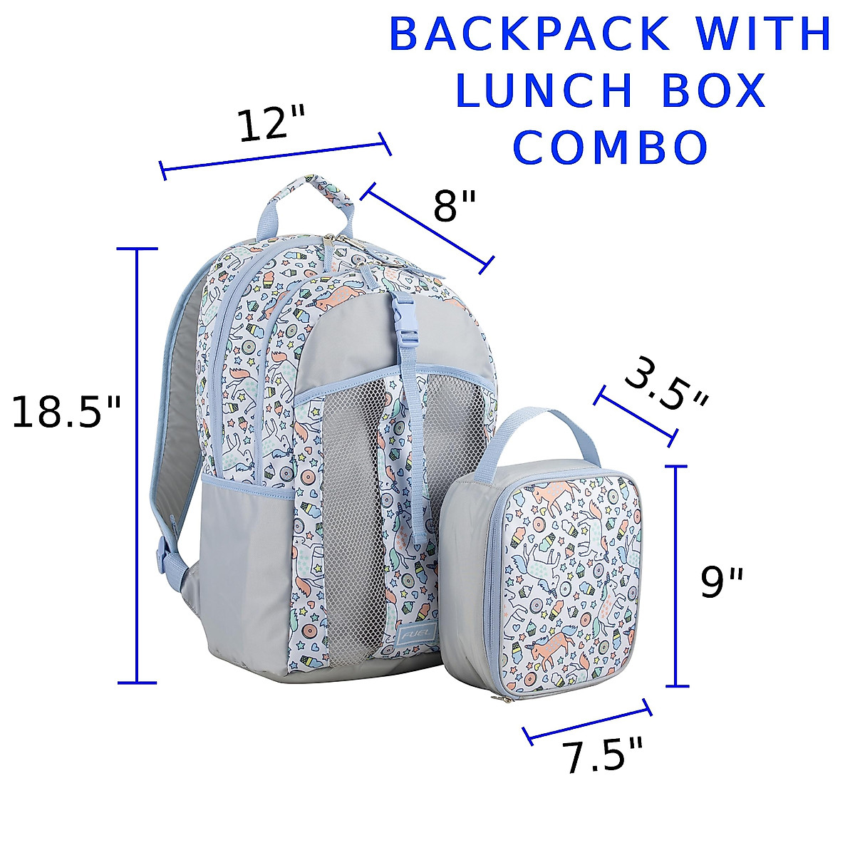 FUEL Lunch Backpack Set Teens Student Water Resistant Bookbag Bag Soft Reusable Insulated Cooler Lunch Box Thermal Travel Office Lunch Bag, Light Blue Magic Donuts
