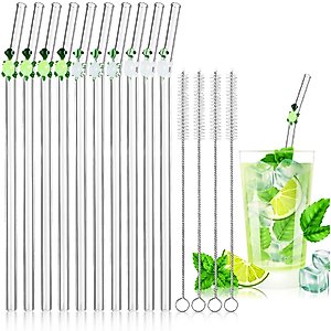 10 Pcs Reusable Glass Straw with Turtle Clear Straws 7.9'' x 8 mm Cute Turtle Bent Straw with Design Shatter Resistant Drinking Straws 4 Cleaning Brushes for Beverages Smoothies Cocktails, 3 Styles