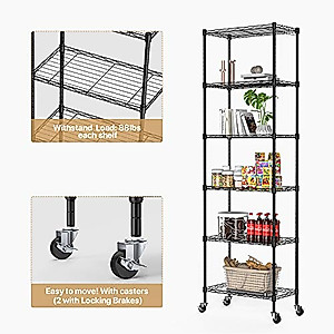 NATRKE 6-Tier Storage Shelf Wire Shelving Unit, Adjustable Heavy Duty Storage Shelves for Kitchen Organization, with Leveling Feet and Lockable Wheels, Black (21.26 Lx12 Wx69 H)