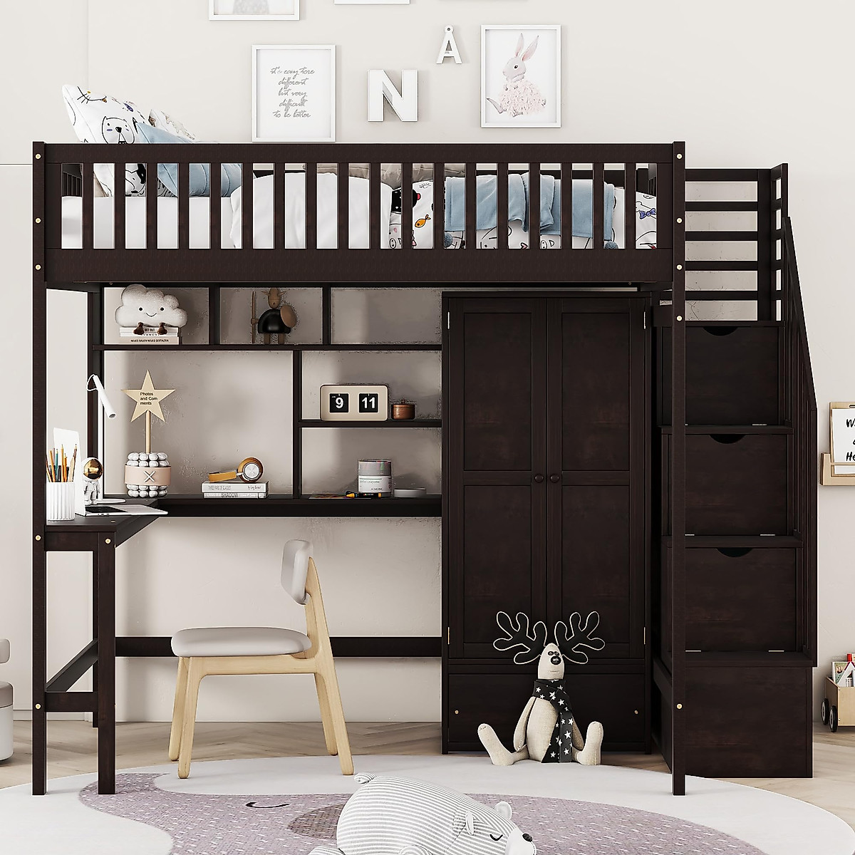 Full Size Loft Bed with Desk, Wardrobe, High Loft Bed Frame with Storage Staircases, Drawer Solid Wood Loft Beds for Kids, Boys and Girls,Teens, No Box Spring Needed (Espresso)