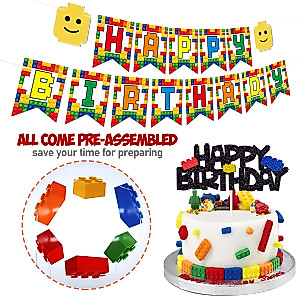 Building Blocks Themed Birthday Party Decorations Pack - Includes Glitter Cake Topper Banners and Balloons - Summer Colorful Themed Bday Party Pack Supplies