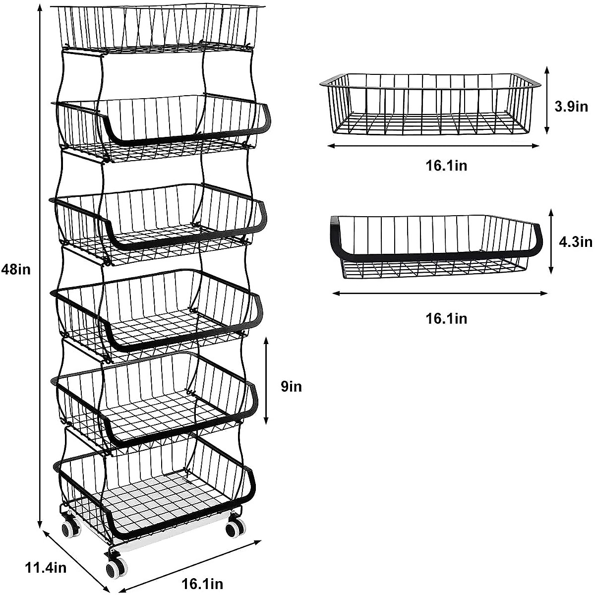 Kitchen Metal Storage Basket with Wheels Stackable Wire Utility Rolling Cart Vegetable Fruit Baskets Rack for Pantry,Potato,Onions,Beverages Storage(6 Tiers)