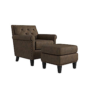 Domesis Button Tufted Rolled Arm Chair and Ottoman in Distressed Brown Faux Leather