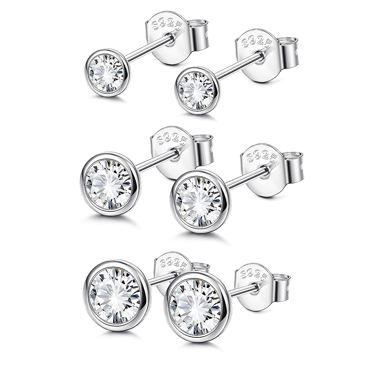 Sllaiss Sterling Silver Cubic Zirconia Bezel Set Stud Earrings Set for Women Round Cut CZ Earrings 3 Pairs Martini Stud Earrings Hypoallergenic