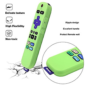 [2 Pack] Remote Cover (Glow in The Dark) Compatible with Roku Voice Remote, Pinowu Anti Slip Silicone Cover Compatible with Roku Players and Roku TVS Voice Remote (Green and Blue)
