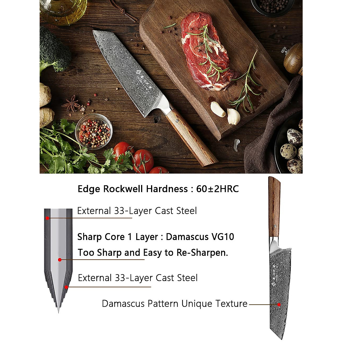 Damascus Santoku Knife 7 Inch Light Weight Professional Damascus Super Steel VG10 Damascus Chef Knife Comfortable Ergonomic Wood Grain Handle Very Sharp Kitchen Knives Luxury Gift Box