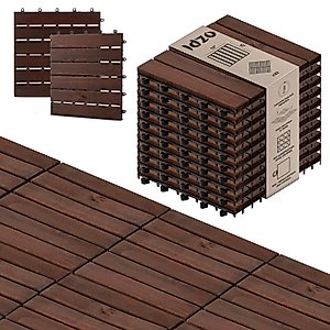 Idzo Interlocking Deck Tiles - 10PCS Waterproof Acacia Wood Patio Tiles, Flooring Tiles for Both Indoor and Outdoor - Decking Stripe Pattern, Dark Brown, 12 x 12 x 0.9 inches