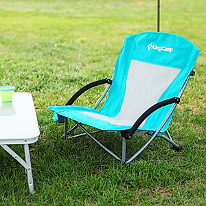 KingCamp Double Small Folding Portable Lightweight Low Sitting Sand Chair Beach Chairs for Adult with Cup Holder, Carry Bag Padded Armrest for Outdoor Beach Concert Traveling Festival BBQ
