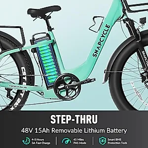Snapcycle Electric Bike for Adults,1000W Peak Motor 28MPH with 26" x 4.0 Fat Tire Step-Thru Ebike,48V 15AH Removable Battery, Hydraulic Brake, Shock Absorber, Commuter Ebikes,7-Speed Gear, UL