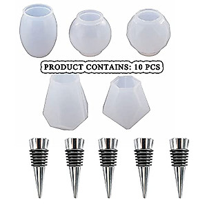 JOFAVIU 10 Pcs Resin Wine Bottle Stoppers Molds Set, Wine Stopper Silicone Molds for Epoxy Resin, Stopper Epoxy Resin Silicone Molds Set Kits (5 Molds with 5 Stoppers)