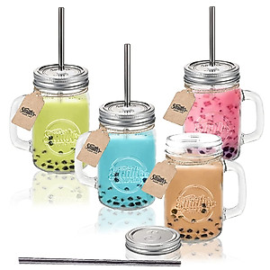 Smith's Mason Jars 16oz/473ml 4-pc Glass Cups with lid, straw and Handles - Smoothie glasses - Good for Milkshake, Juices, Ice Coffee Ideal for Picnics DIY Drinks and Outdoor Activity