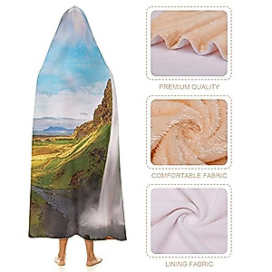Hooded Blanket Poncho, Waterfall Women Men Hooded Blanket, Iceland Summer Wilderness, Soft Warm Cozy, 40 x 50inches, Studying Reading Snuggling Napping Office, Multicolor