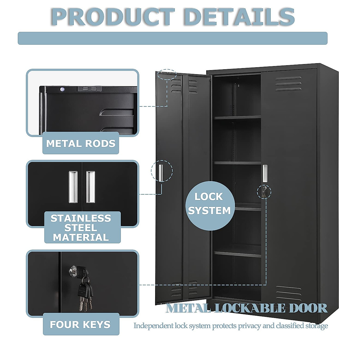 YEEZER Metal Storage Cabinet, Steel Lockable Garage Cabinet, with 2 Doors and 4 Adjustable Shelves. 71" Locking Storage Cabinet for Home, Office, Garage, Gym, School