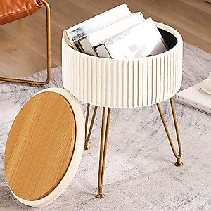 CUYOCA Round Storage Ottoman with Tray, Vanity Stool with Storage for Living Room Makeup Room, Coffee Table Foot Rest Stool for Vanity, Velvet White