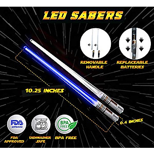LIGHTSABER CHOPSTICKS LIGHT UP STAR WARS LED Glowing Light Saber Chop Sticks REUSABLE Sushi Lightup Sabers-Removable Handle Dishwasher Safe-Premium GIFT BOX & CARRY CASE Included -Blue & Red - 2 Pairs