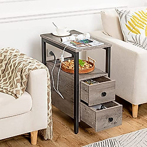 HOOBRO End Table with Charging Station and 5-Tier Corner Shelf, Narrow Side Table with 2 Drawers, Wood Storage Rack Plant Stand, Nightstand for Small Spaces, Greige BG541BZ01-BG50CJ01