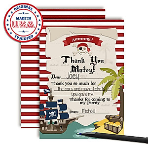 Pirate Treasure Map Birthday Thank You Notes, Ten 4" x 5.5" Fill In The Blank Cards with 10 White Envelopes by AmandaCreation