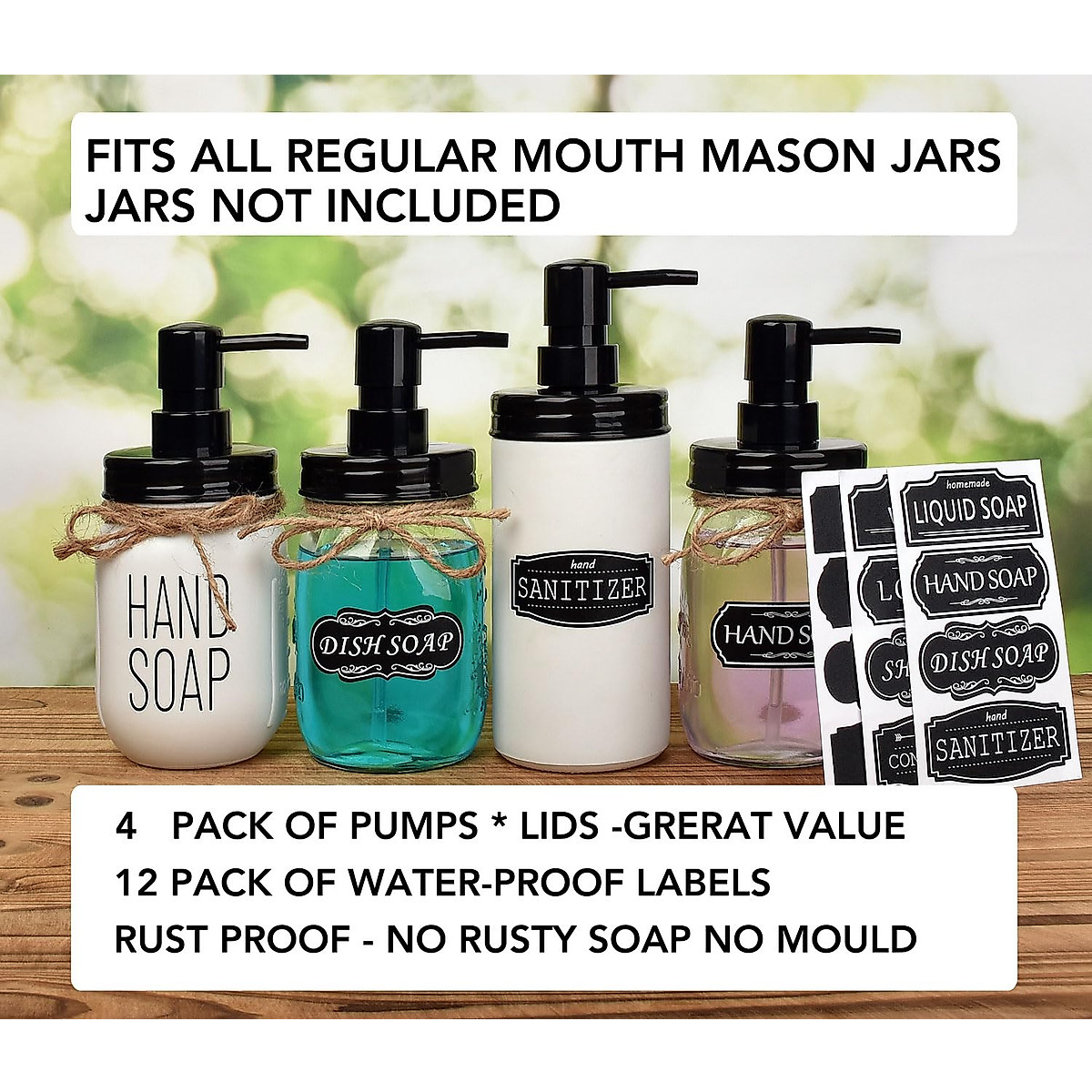 Elwiya Rustic/Farmhouse Mason Jar Soap Dispenser Lid and Pump Rust Proof, Black Plastic Dispenser Lid for 16 oz Regular Mouth Mason Jar Decor - 4 Pack