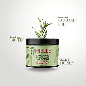 Mielle Organics Rosemary Mint Strengthening Hair Masque, Essential Oil & Biotin Deep Treatment, Miracle Repair for Dry, Damaged, & Frizzy Hair, 12 Ounces
