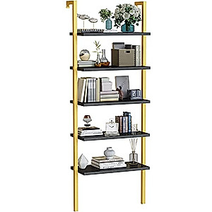 AWQM 5 Tiers Bookshelf, Modern Bookcase Wood Wall Mounted Bookshelf,Industrial Ladder Shelf with Stable Metal Frame,Open Display Rack Storage Shelves for Living Room/Home/Office,Gold +Black