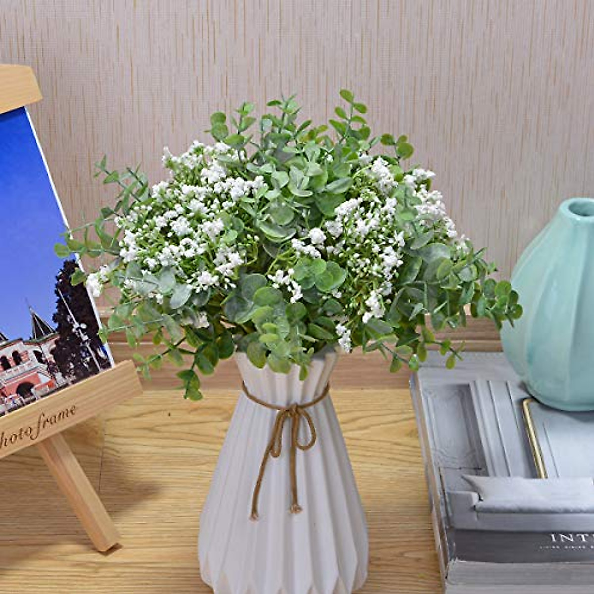 Baby Plum Artificial Baby Breath Flowers in Bulk Pack of 2 Artificial Gypsophila Floral with Silver Dollar Eucalyptus Leaves White Fake Flowers for Wedding Hotel Office Home Decoration(2PCS)
