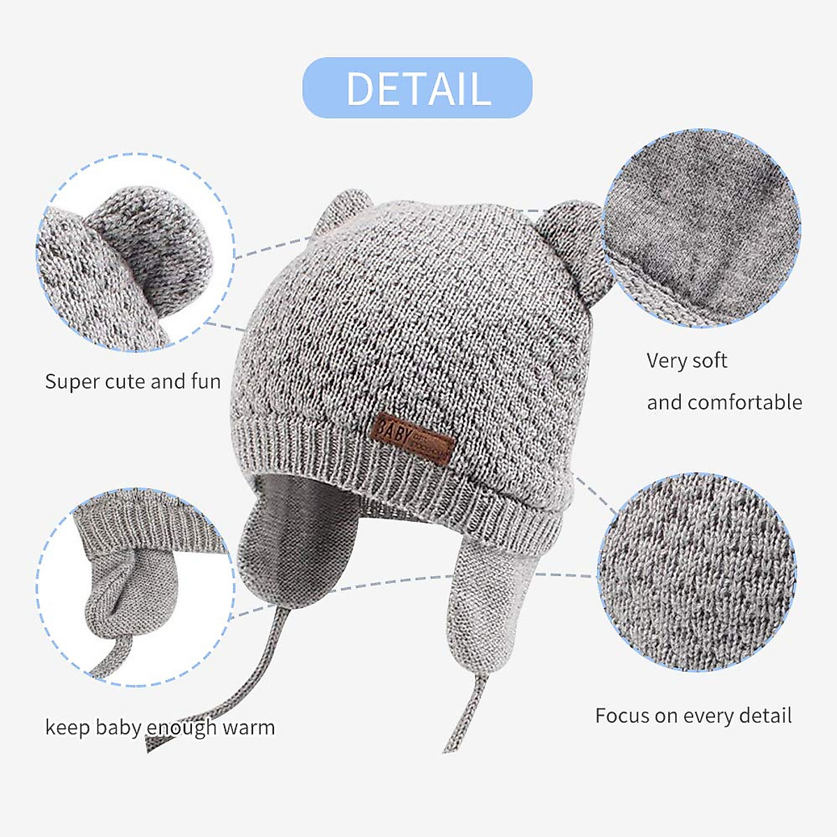 BAVST Baby Beanie Hat for Winter with Earfalp Cute Bear Kids Toddler Girls Boys Warm Knit Cap 0-2Years(Grey, S)