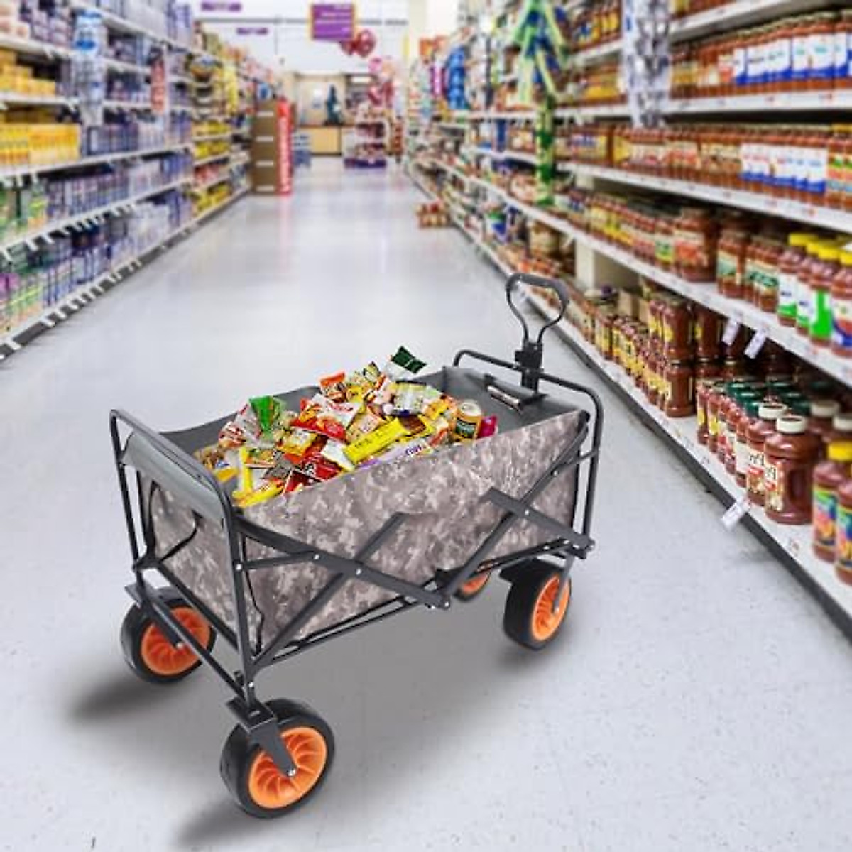 Collapsible Foldable Wagon with Brakes, Heavy Duty Utility Wagon Cart, Large Capacity Grocery Wagon for Camping Garden Beach Shopping,Handle Adjust