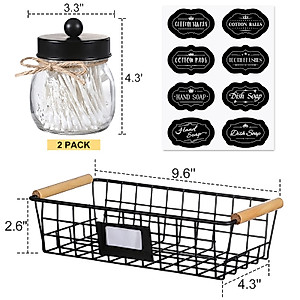2 Pack Glass Qtip Holder with Basket - Mason Jar Dispenser for Cotton Ball & Swabs- Apothecary Jars Set Canister for Vanity Makeup Storage Organizer - Restroom Bathroom Decor Accessories - Black