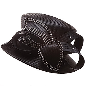 Women Gorgeous Rhinestone Tea Party Dress Bowler Cloche Bucket Derby Church Hat (Black)