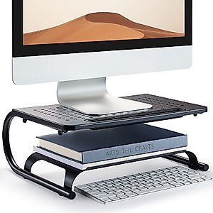 LORYERGO Monitor Stand, Monitor Riser, Computer Stand with Media Solt, Laptop Riser with Vents, 2 Tier Monitor Stand Riser with Storage for Printer/PC, Desktop Stand Organizer - Office & Home