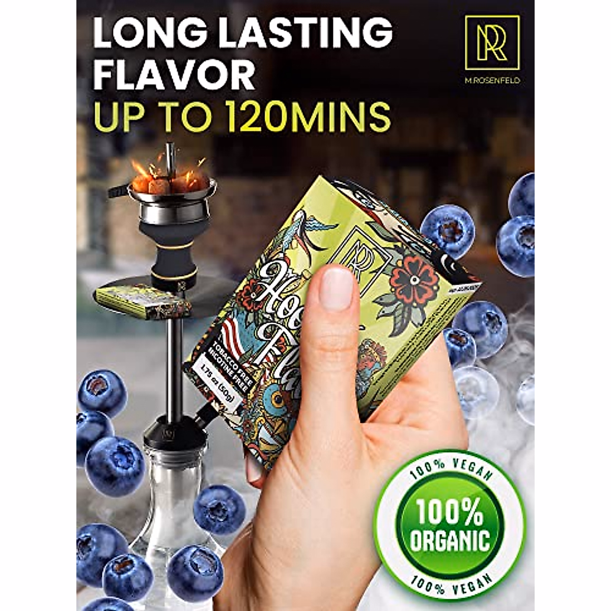 M. ROSENFELD Hookah Flavor Blueberry Herbal - 1.75 oz (50 g) Hookah Shisha Tobacco Free Molasses Hookah Tobacco & Nicotine Free Shisha with Real Organic Shisha Hookah Flavors Blueberry