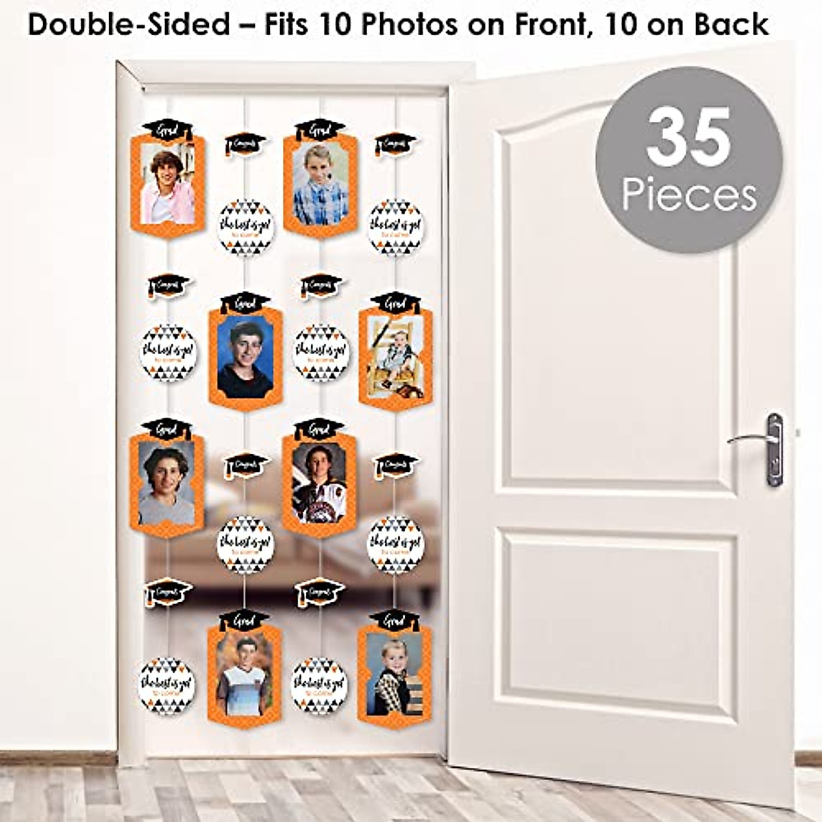 Big Dot of Happiness Orange Grad - Best is Yet to Come - Orange Graduation Party DIY Backdrop Decor - Hanging Vertical Photo Garland - 35 Pieces