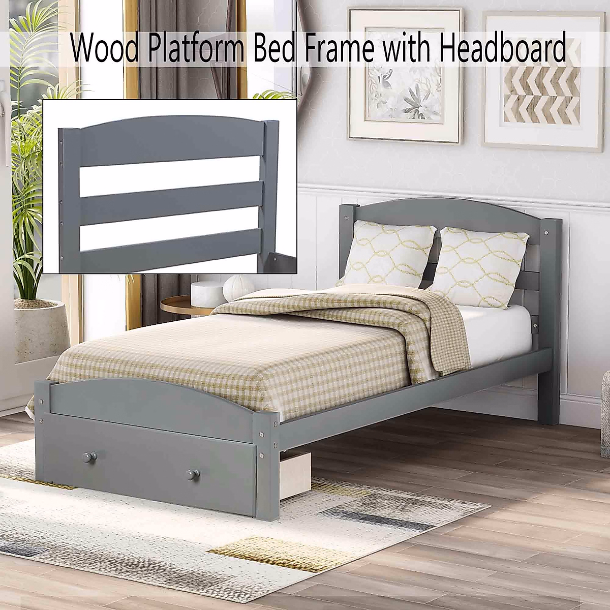 Platform Twin Bed Frame with Storage Drawers, Wood Platform Bed Frame with Headboard for Kids/Teens/Adults, Camas Mattress Foundation/Wood Slats Support/No Box Spring Needed/Easy Assemble (Gray)