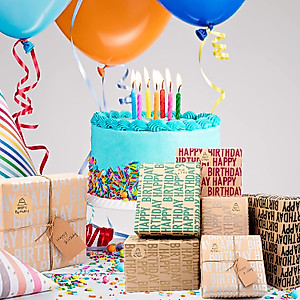 Birthday Wrapping Paper Set, 6 Sheets Kraft Brown Recycled Gift Wrapping Paper with Stickers, Gift Wrapping Paper with Happy Birthday Pattern Design for Kids Girls Women Boys Men Adults, 20×28 inches