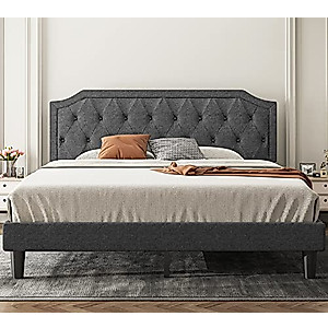 Allewie Upholstered King Size Platform Bed Frame with Adjustable and Curved Corner Design Headboard, Easy Assembly, No Box Spring Required, Dark Grey