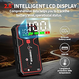 FNNEMGE Car Jump Starter, 5000A Peak 23800mAh 12V Jump Starter Battery Pack(Up to All Gas, 8.0L Diesel Engine),with USB Charge Output Port,LED Light,HD Large Screen.