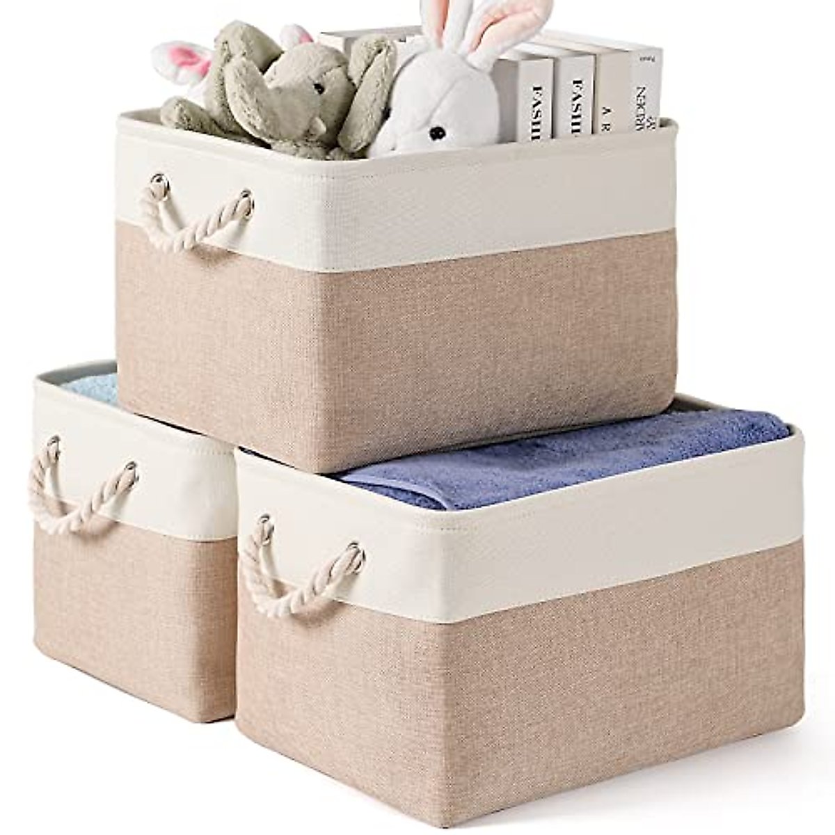 Storage Bins 3 Pack, Fabric Storage Basket for Collapsible Large Canvas Storage Baskets for Organizing Shelf Nursery Home Closet with Cotton Rope Handle (White&Khaki-15(L) x 11(W) x 9.5(H) in-3PCS)
