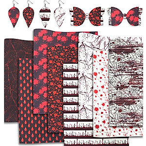 8 Pcs Halloween Faux Leather Sheets, Blood Print Leather Sheet, Bloodstain Fabric Sheets, Spider Web PU Synthetic Leather for DIY Hair Bow Earrings Halloween Craft Making 7.9 x 13 Inch
