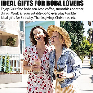 Reusable Boba Cup Glass Bubble Tea Cup 4 Pack, 24Oz Wide Mouth Smoothie Cups with Lids Straw & Silicone Sleeve, Leakproof Mason Jar Drinking Water Bottle Travel Tumbler for Large Pearl Valentine Gifts