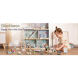Giant bean 24 PCS Wooden Plastic Dollhouse Furniture Set, Bathroom and Bedroom Set, Wood Dollhouse Accessories Pretend Play Furniture Toys for Boys Girls & Toddlers