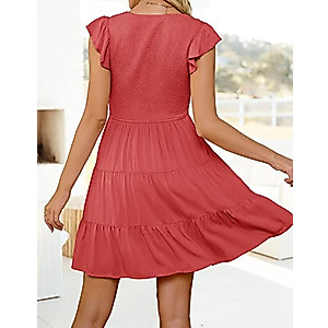 ZESICA Womens 2023 Summer Casual V Neck Flutter Sleeve Bohemian Ruffle Smocked A Line Swing Mini Dress,Watermelon,Small