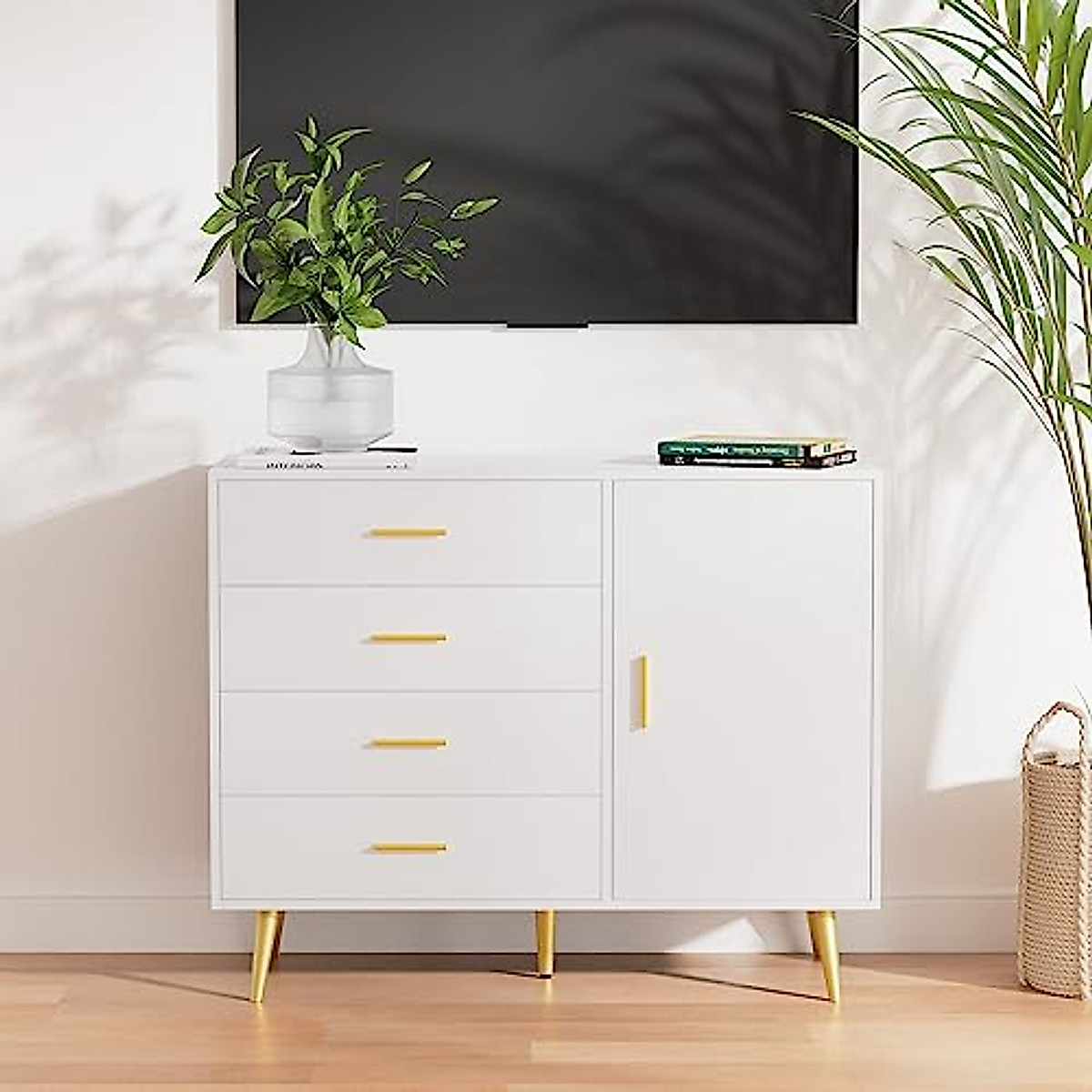 LYNSOM White Storage Cabinet with 4 Drawers, Free Standing Sideboard Cabinet with Door and Shelf, Printer Stand for Home Office, Accent Cabinet for Living Room, Bedroom, Entryway, Hallway